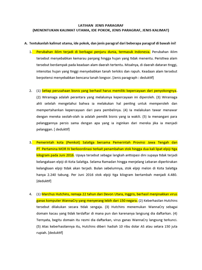 Latihan 4 Ide Pokok Kalimat Utama Jenis Paragraf Jenis Kalimat Teks Ekposisi 1 240728 184526 | PDF