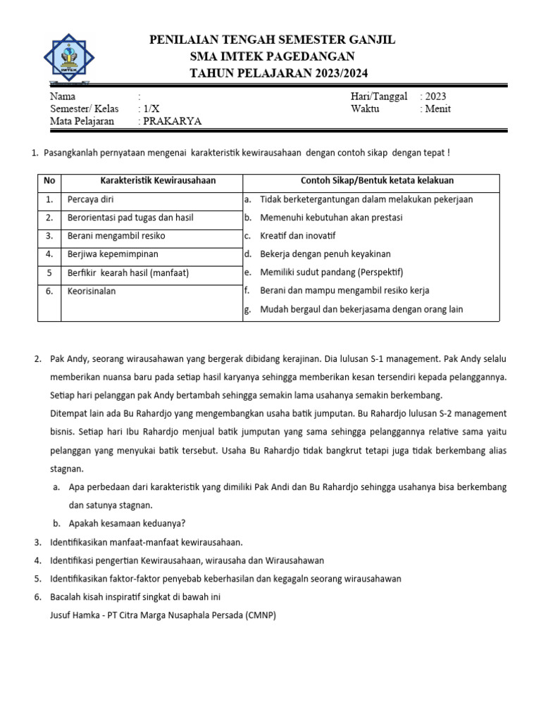 Penilaian Tengah Semester Ganjil Prakarya X 2023 | PDF