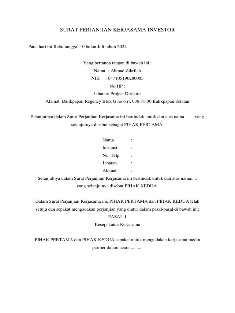 Surat Perjanjian Kerjasama Investor Pdf