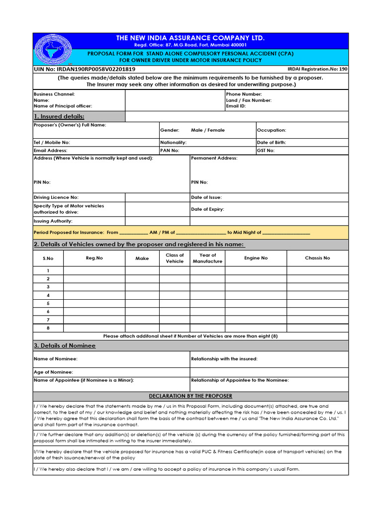 Proposal Form - CPA | PDF | Insurance | Vehicle Insurance