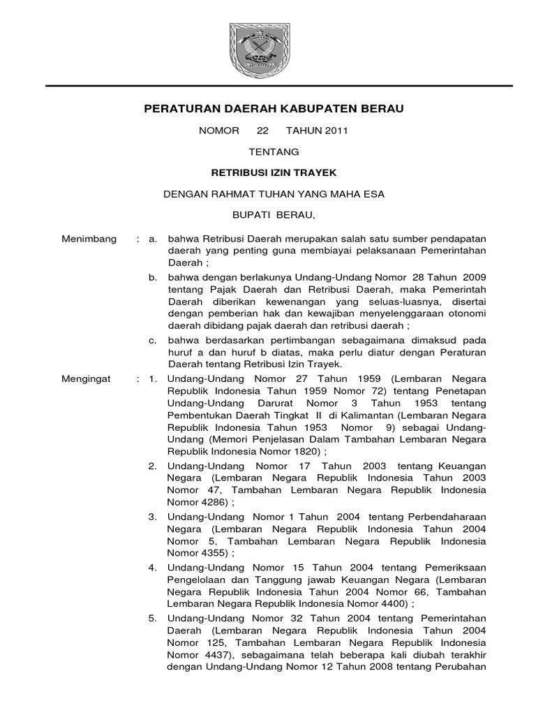 Perda 22 Tahun 2011 TTG Retribusi Izin Trayek | PDF