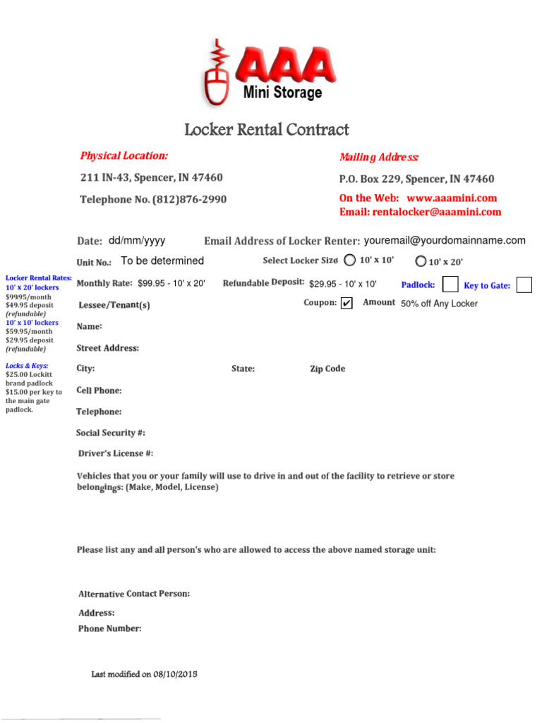 AAA Mini Storage Contract Adobe Acrobat .PDF (Fillable) | PDF | Lease ...