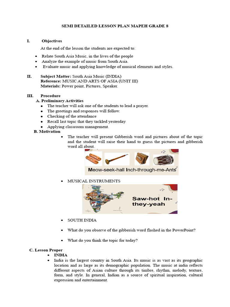 5th-SEMI DETAILED LESSON PLAN MAPEH GRADE 8 | PDF | Vedas | Musicology