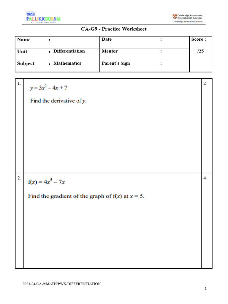 Differentiation Practice Worksheet Pdf