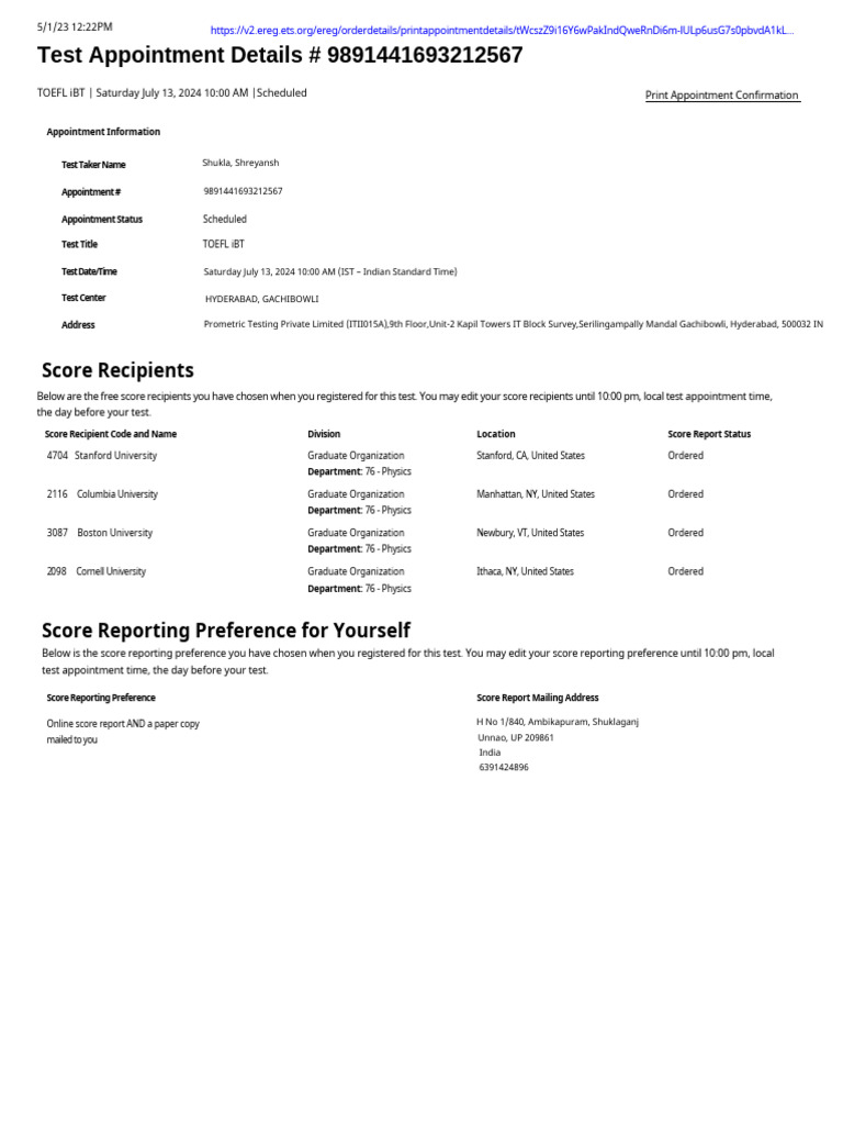 TOEFL Appointment Letter | PDF