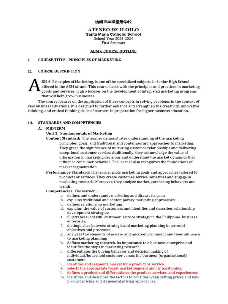 ABM 6 Course Outline - Docx (AutoRecovered) | PDF | Marketing | Market ...
