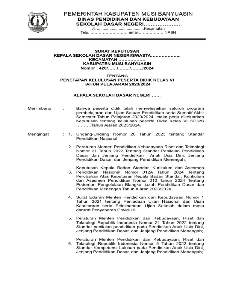 Contoh SK Penetapan Kelulusan Peserta Didik 2024 | PDF