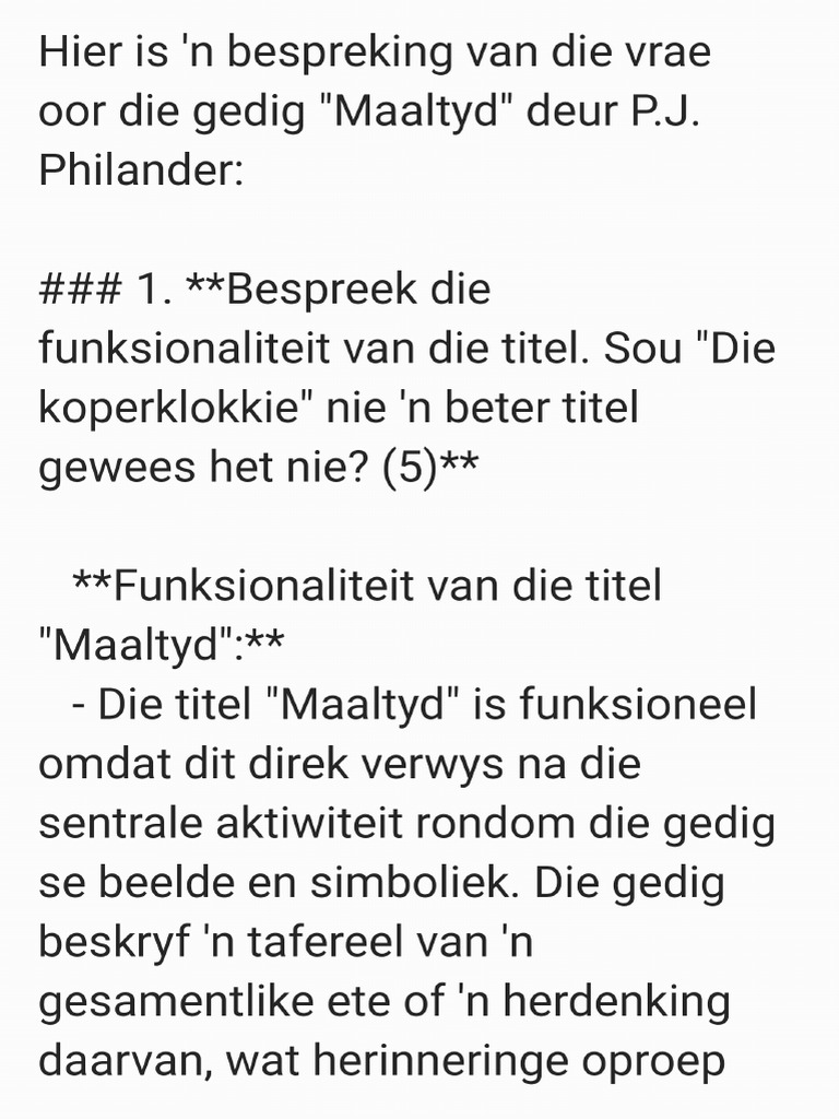 Maaltyd Gedig Deur PJ Philander Vrae en Antwoorde | PDF