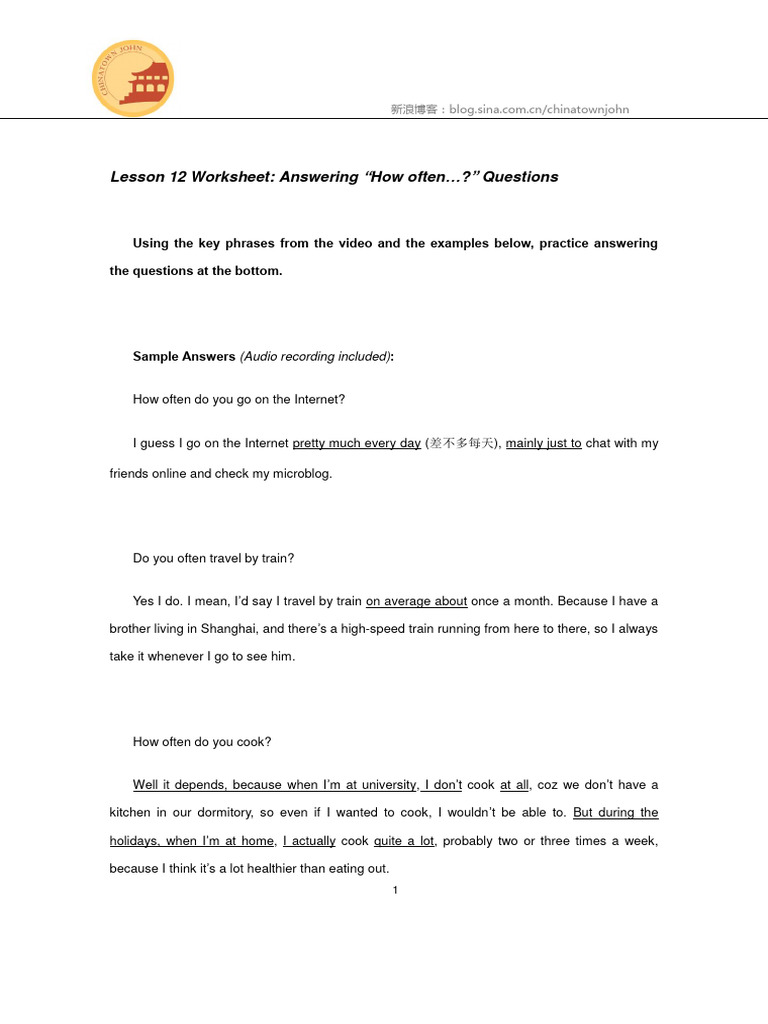 Worksheet - How Often Questions | PDF