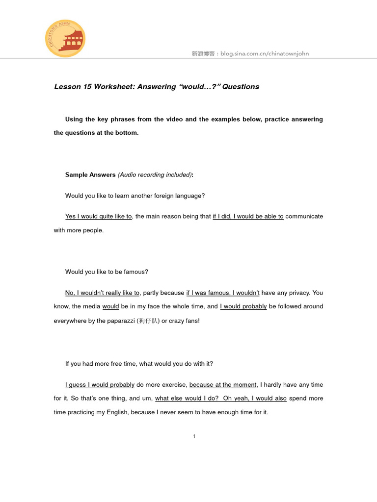 Worksheet - Would Questions | PDF