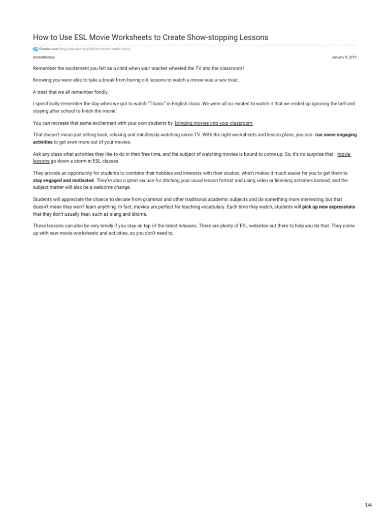 How To Use ESL Movie Worksheets To Create Show-Stopping Lessons | PDF ...