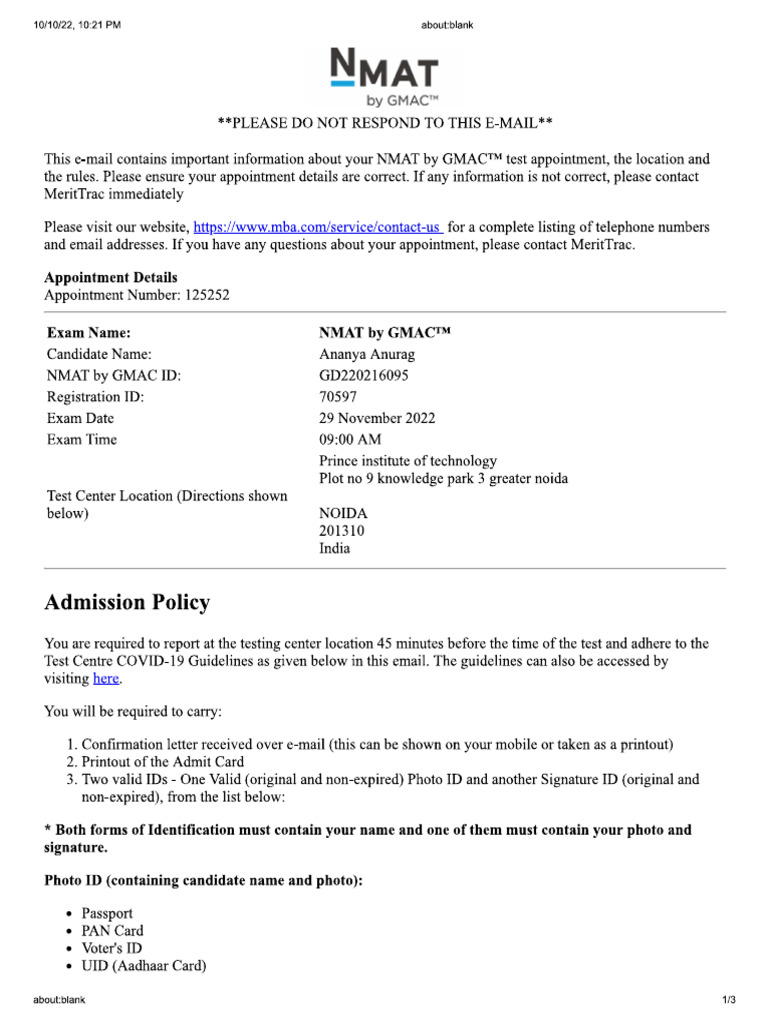 NMAT Confirmation | PDF
