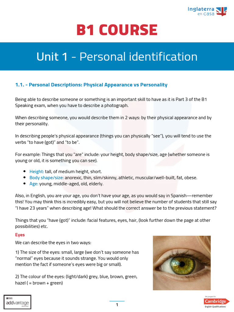 Copia de B1 COURSE - Unit 1 | PDF | Hair | Verb