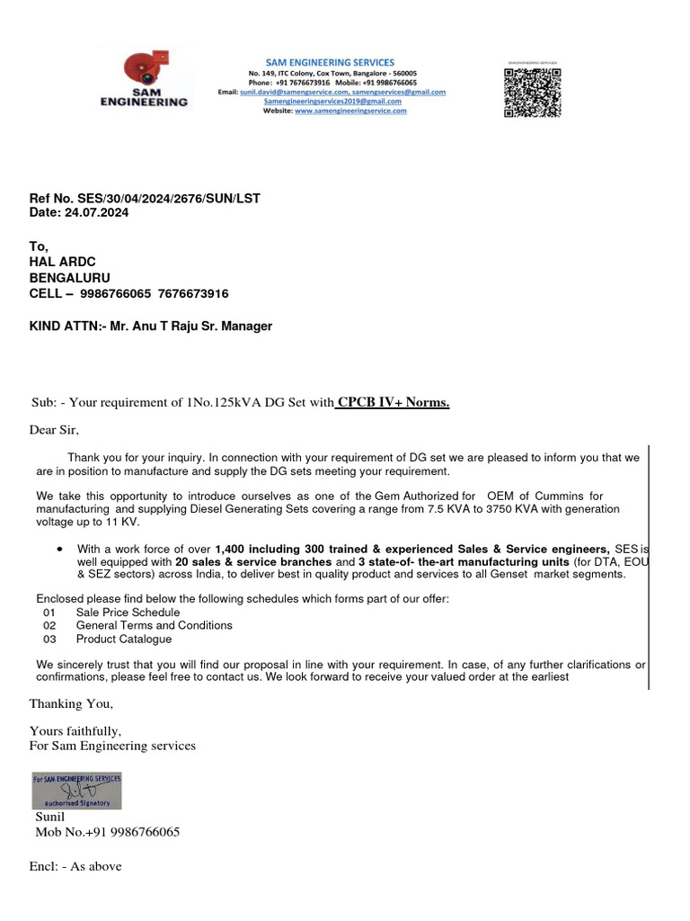 Hal Ardc CPCB 4+ Lowest Costing Quotation For 1No.125kVA DG Set | PDF