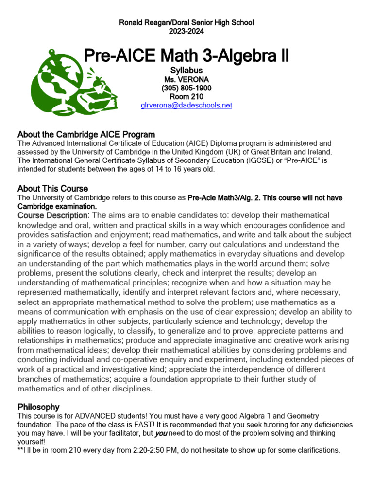Pre-AICE Algebra II Syllabus 2023 | PDF | Mathematics
