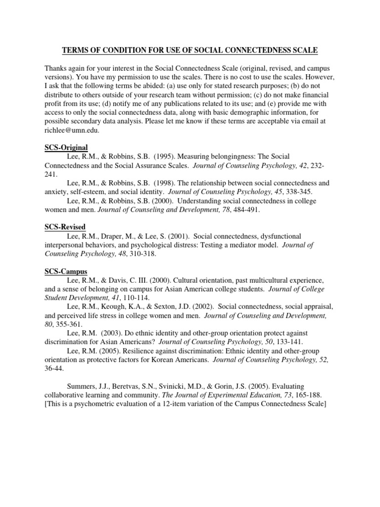 Social Connectedness Scale | PDF | Psychology | Psychotherapy