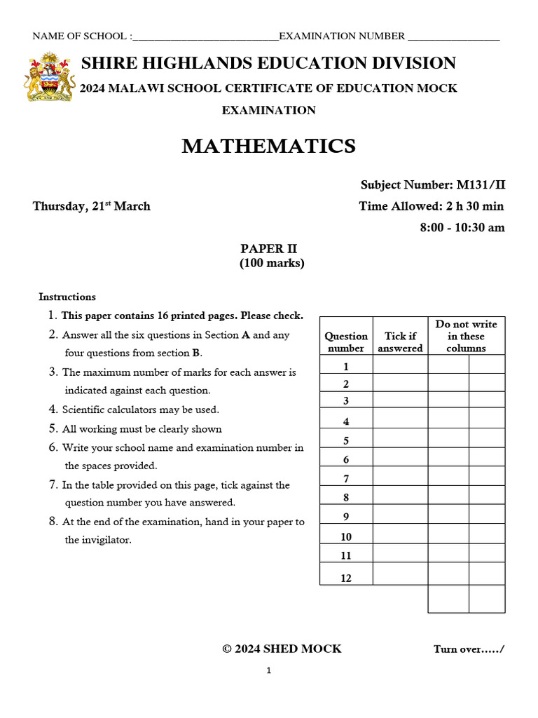 2024 Shed Mock Mathematics Paper Ii | PDF | Circle | Angle