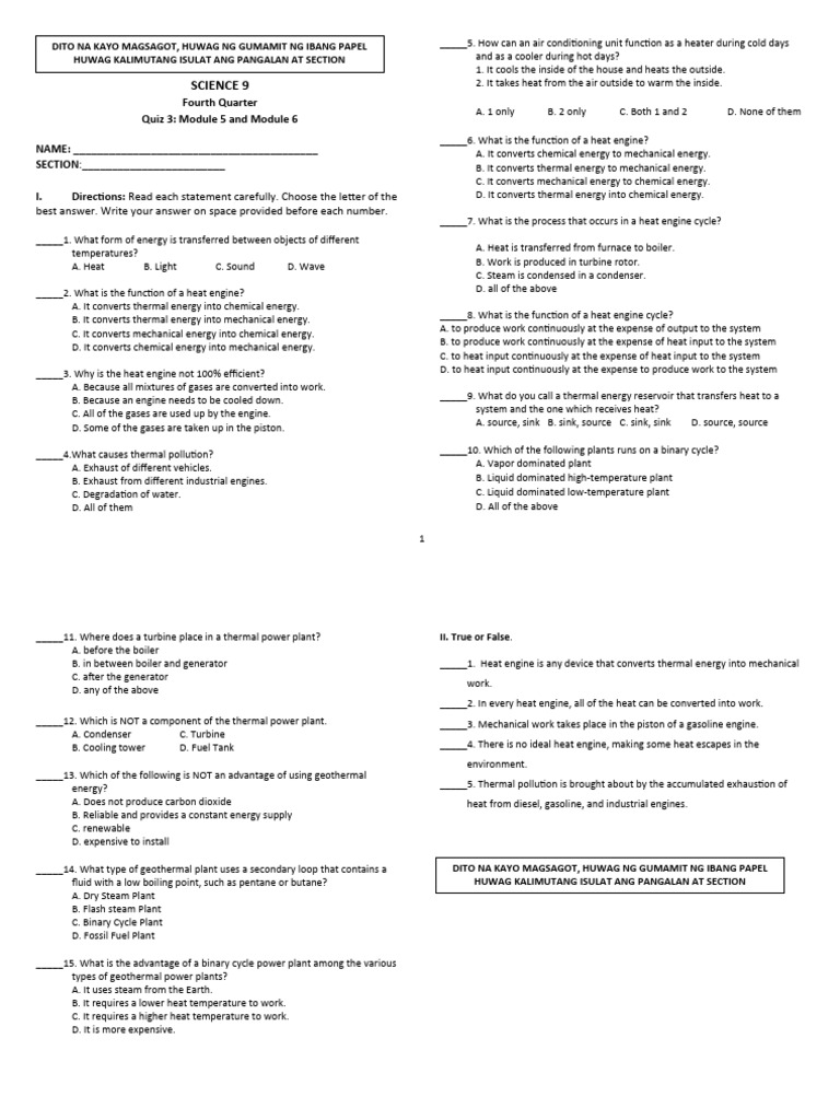 Science 9 Q4 SCIENCE QUIZ 3 | PDF | Engines | Heat