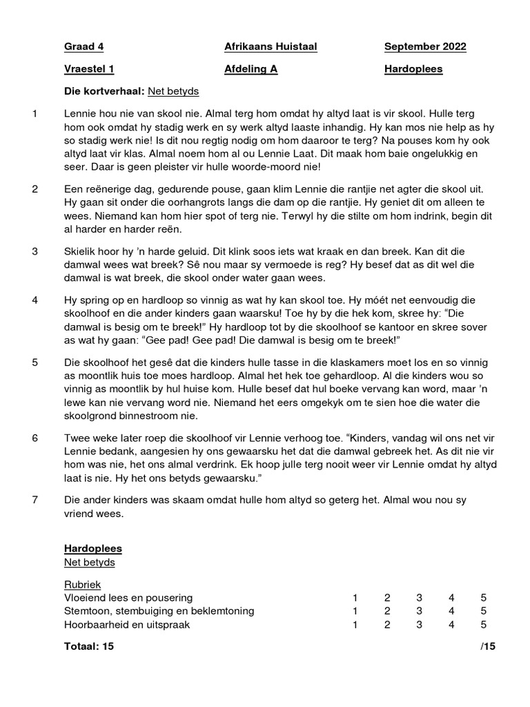 Graad 4 Afrikaans Huistaal-Vraestel Derde Kwartaal | PDF