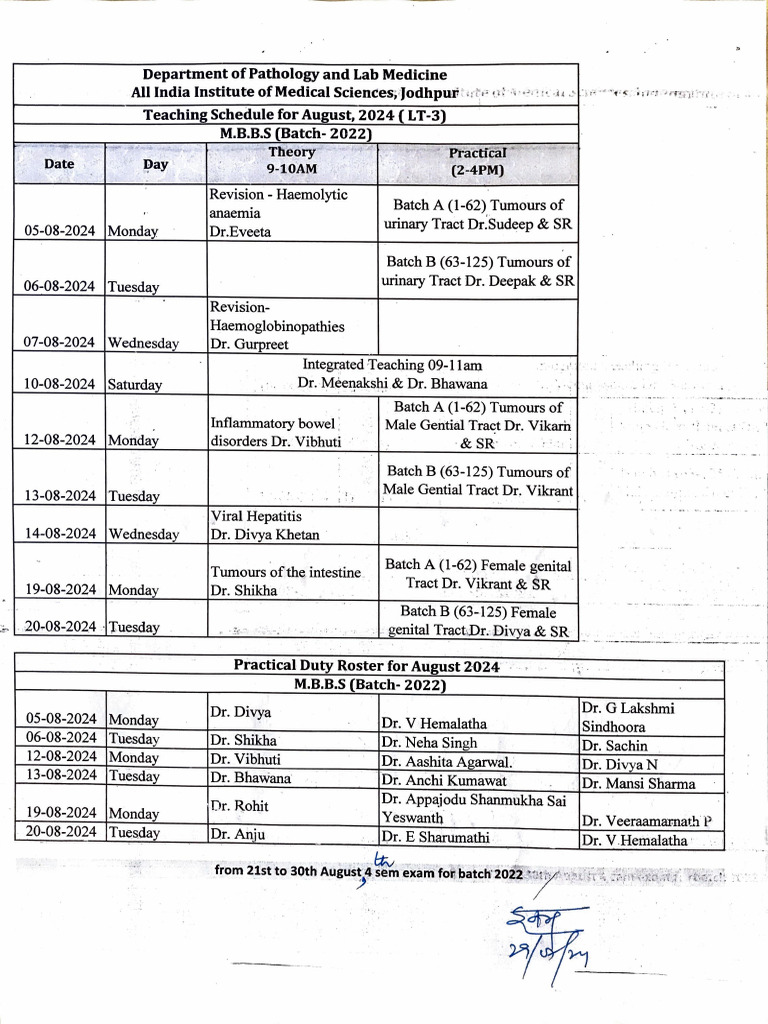 4th Sem Teaching Roster Batch 2022 | PDF | Medical Specialties ...