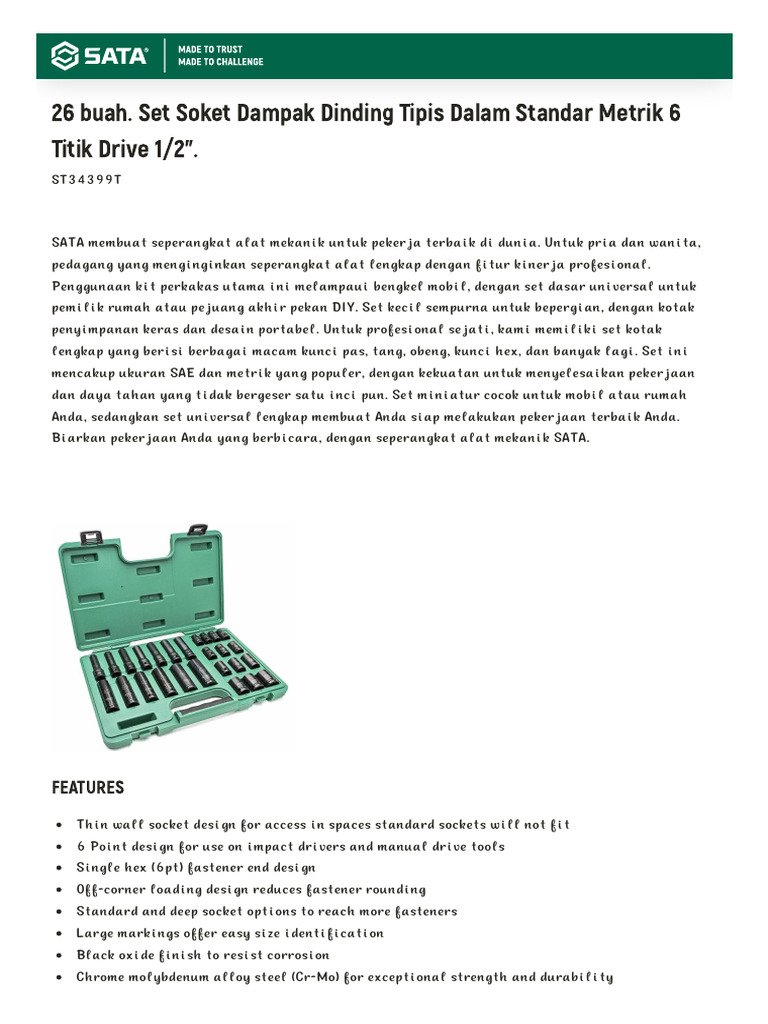 26 Buah. Set Soket Dampak Dinding Tipis Dalam Standar Metrik 6 Titik Drive 1 - 2 - SATA | PDF