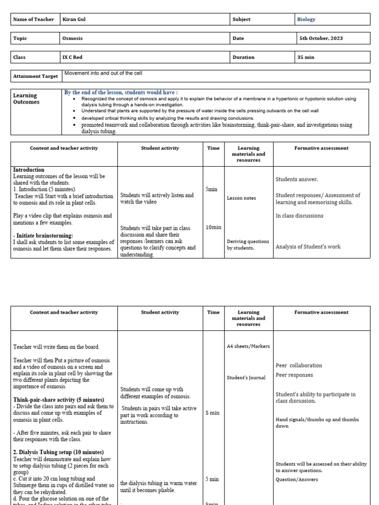 Lesson Plan | PDF | Osmosis | Learning