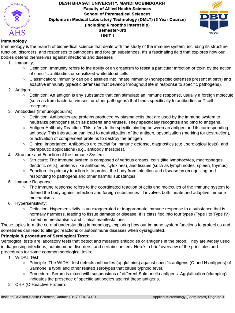 Applied Microbiology DMLT 3 Years (3 Sem Notes) | PDF | Elisa | Immune ...
