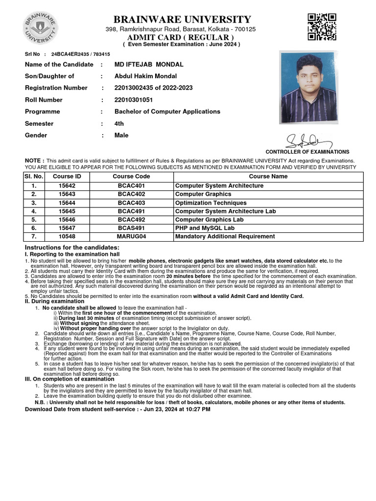 Student Admit Card | PDF | Computing