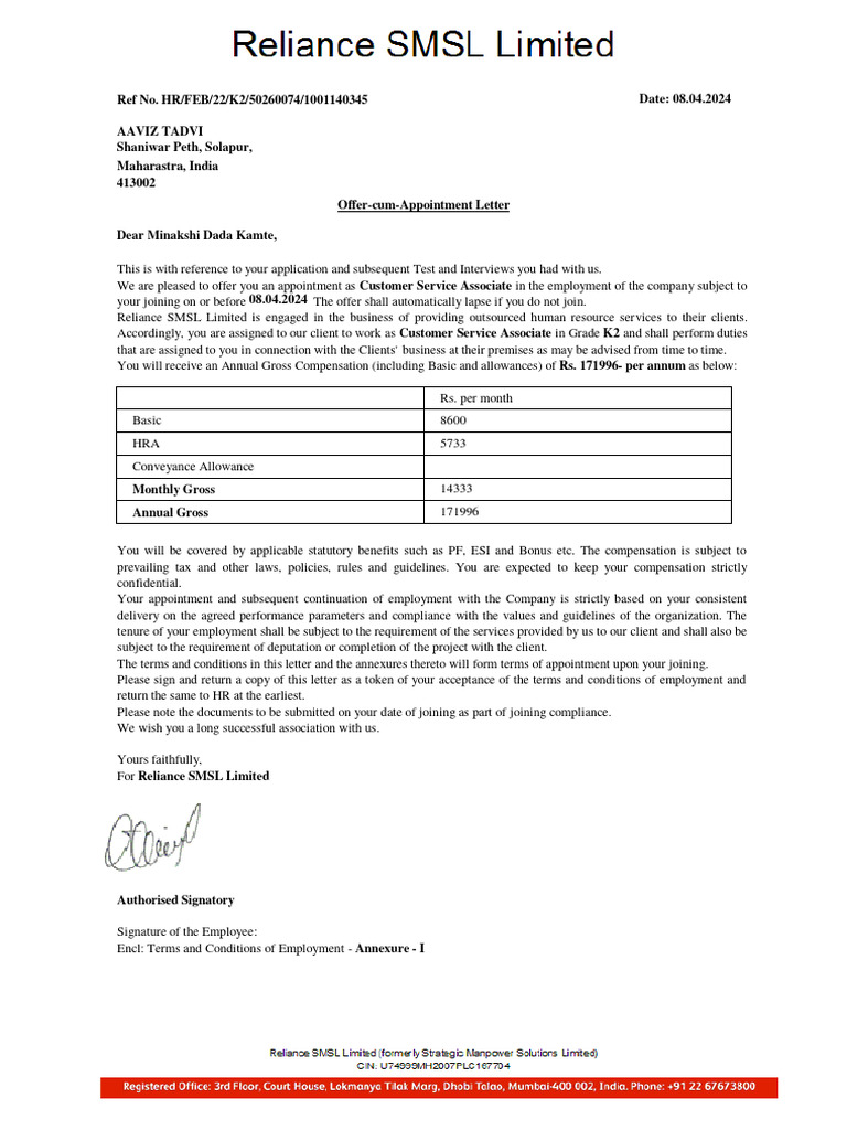 Offer Letter Reliance | PDF | Identity Document | Employment