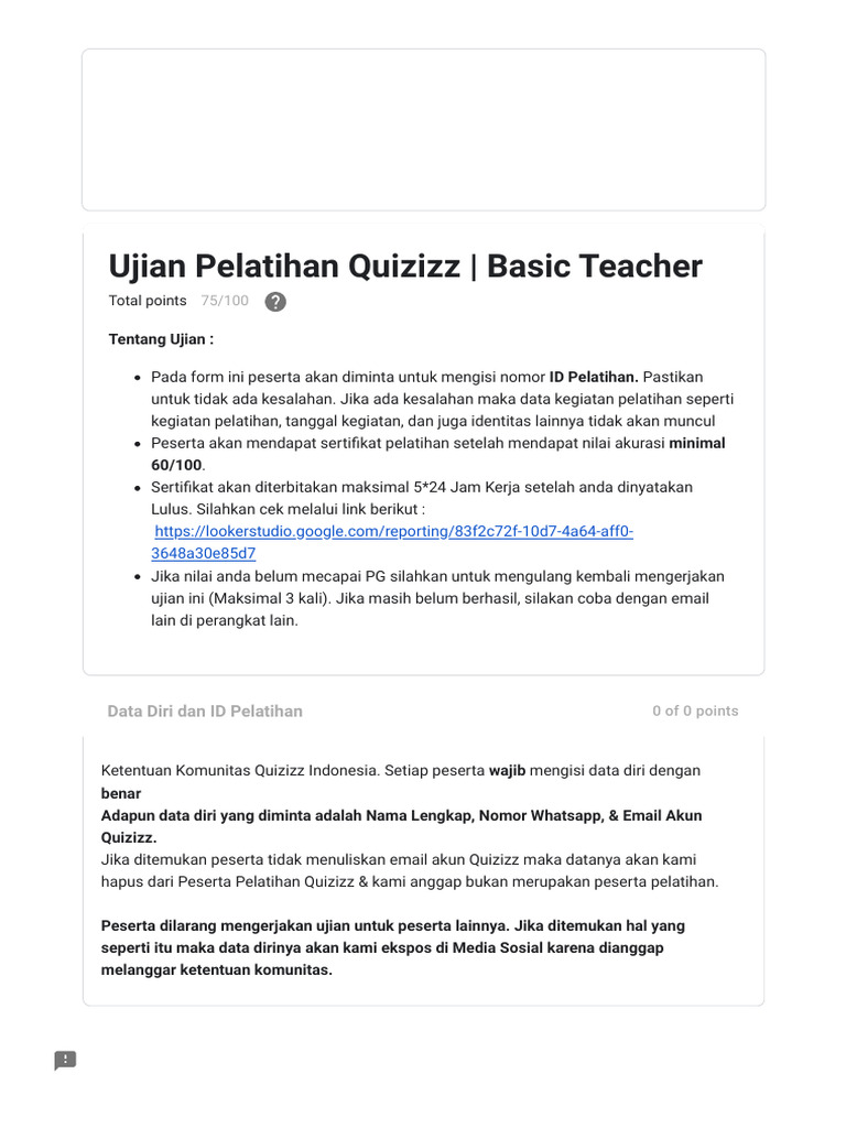Ujian Pelatihan Quizizz - Basic Teacher75 Poin | PDF