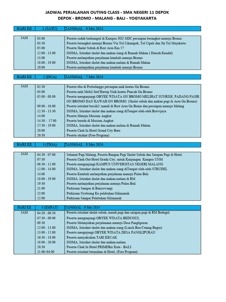 Jadwal Perjalanan Outing Class - Bali | PDF