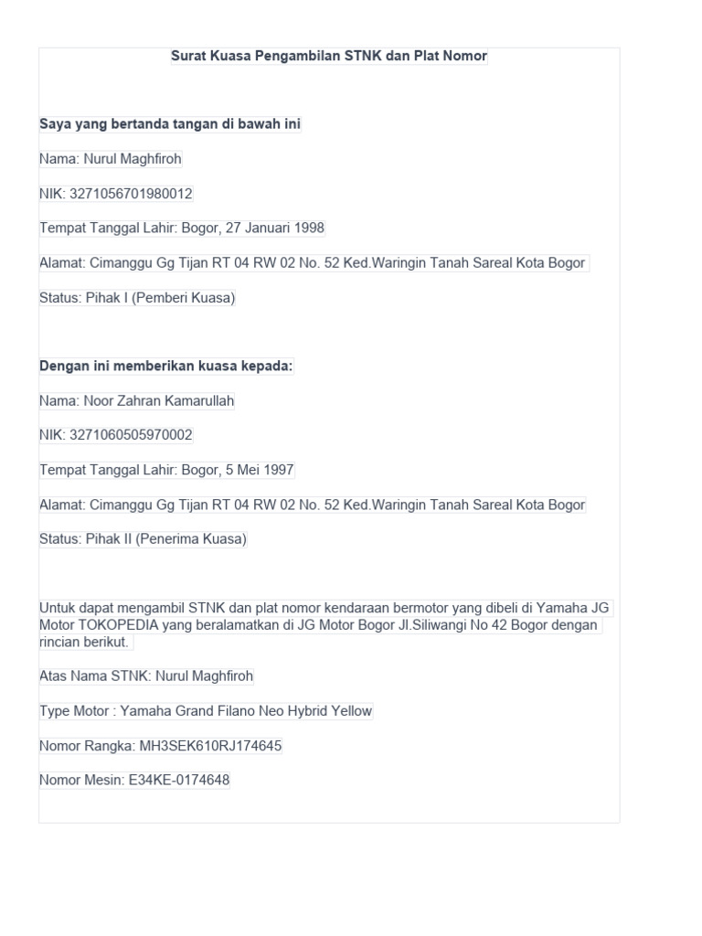 Surat Kuasa Pengambilan STNK dan Plat Nomor | PDF