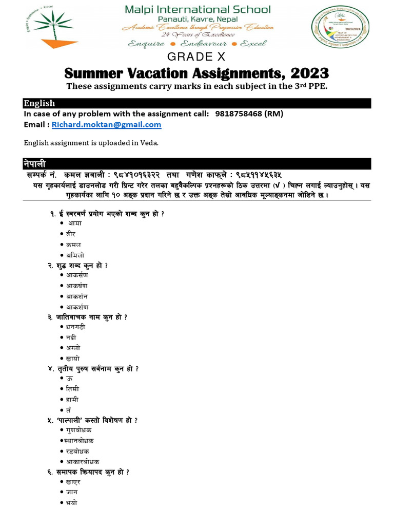 Summer Vacation Assignment Grade X | PDF