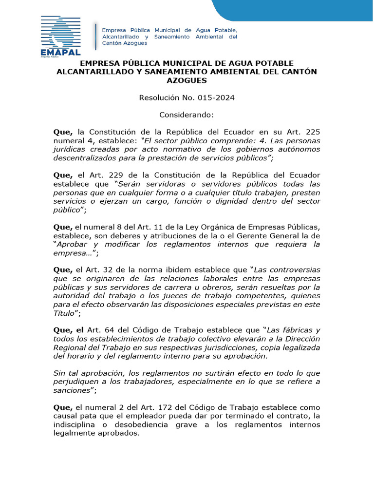 Resoluci N de Reforma Reglamentos Emapal Ep-Signed | PDF