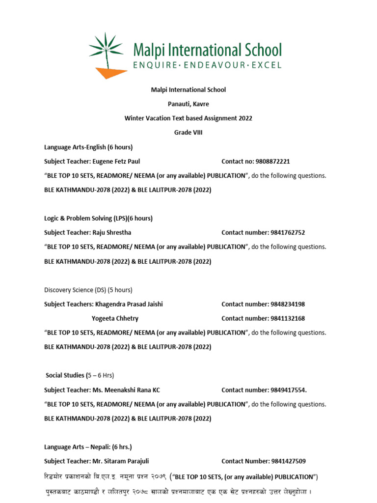 Grade VIII Winter Vacation Assignment | PDF