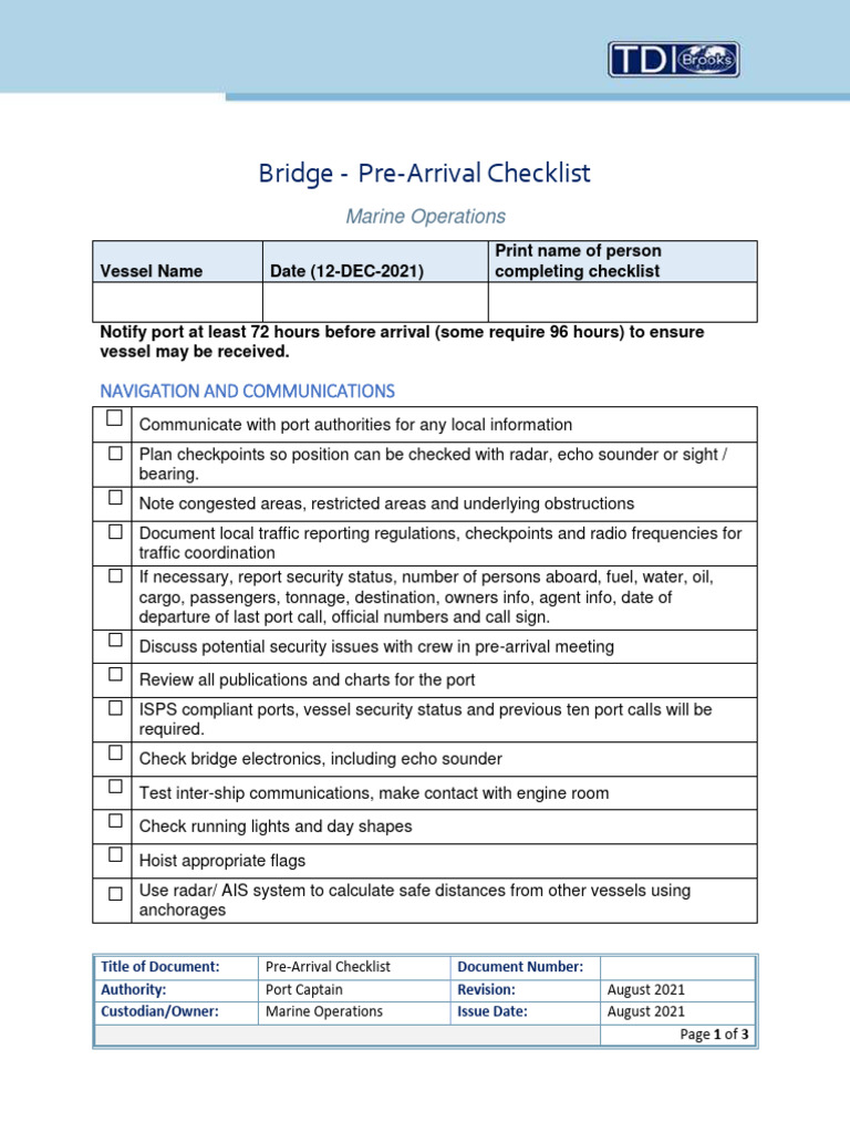 Bridge Pre Arrival Checklist Aug2021 1 | PDF | Shipping | Water Transport