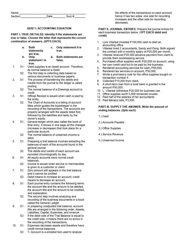 Accounting Practice Quiz: Basics | PDF | Debits And Credits | Bookkeeping