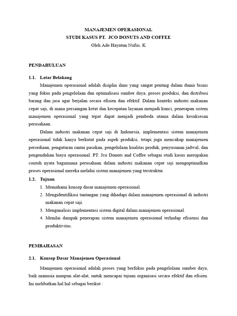 Manajemen Operasional Studi Kasus Pt. Jco Donuts and Coffee | PDF