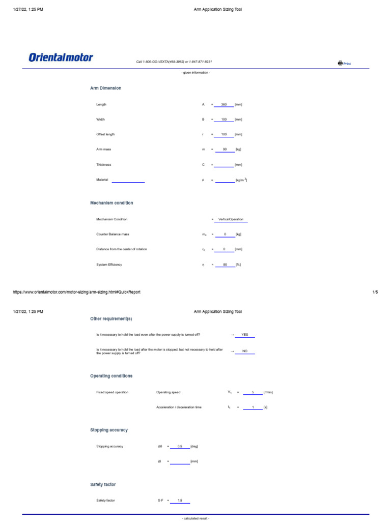 Arm Application Sizing Tool | PDF | Motion (Physics) | Classical Mechanics