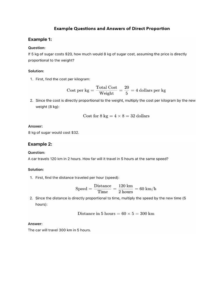 Example Questions and Answers of Direct Proportion | PDF