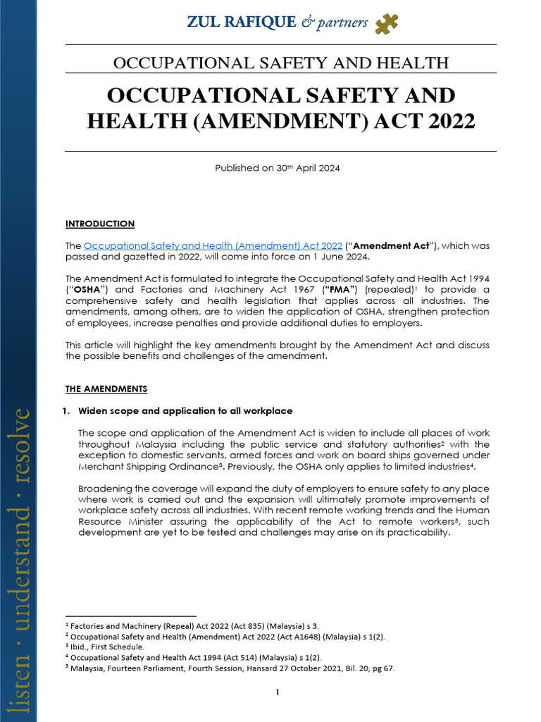 Article Occupational Safety and Health - Amendment - Act 2022 | PDF | Occupational Safety And ...