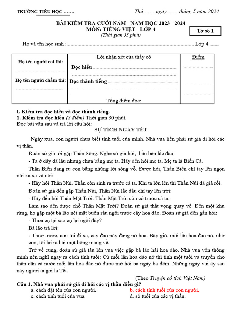 De Thi Cuoi Nam TV4 KNTT | PDF