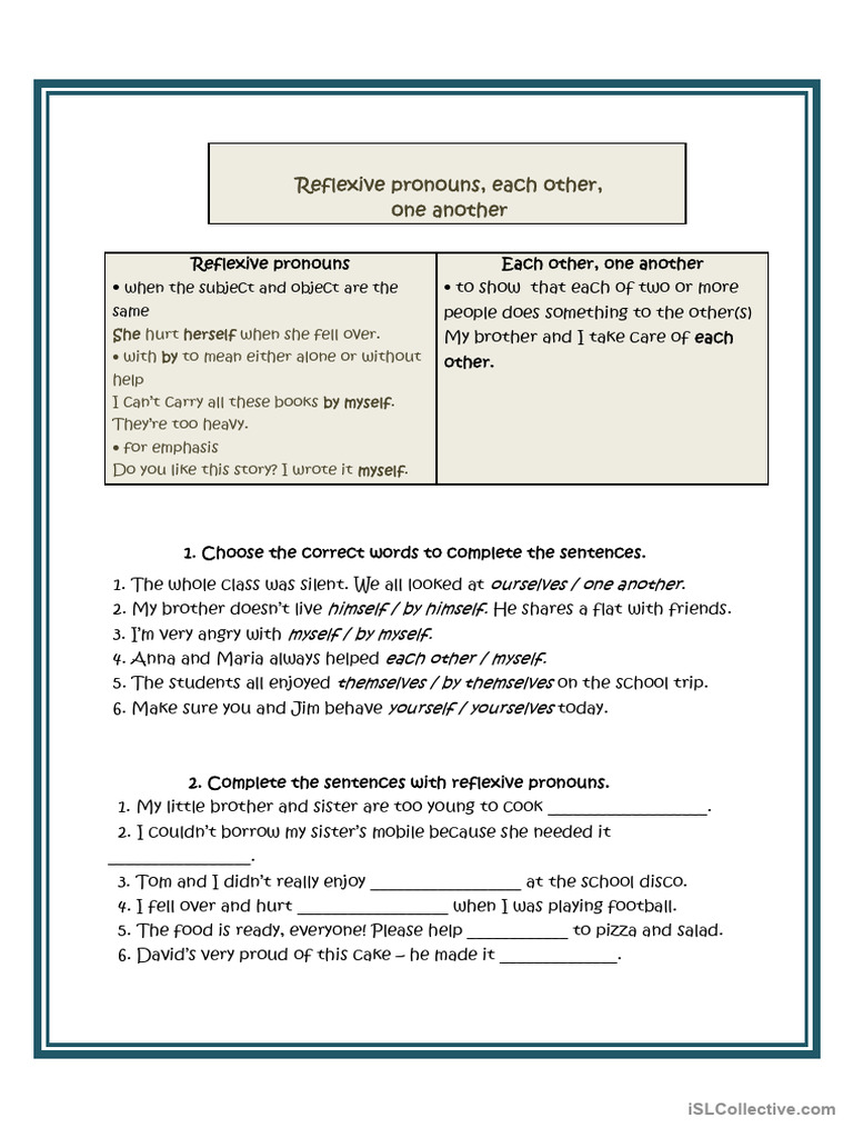 Reflexive Pronouns, Each Other, One Another | PDF | Pronoun