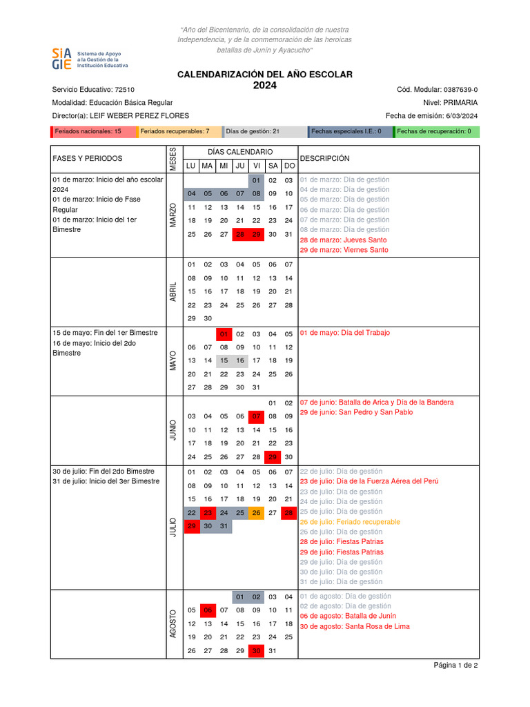 Calendarización Del Año Escolar | PDF | Observancias
