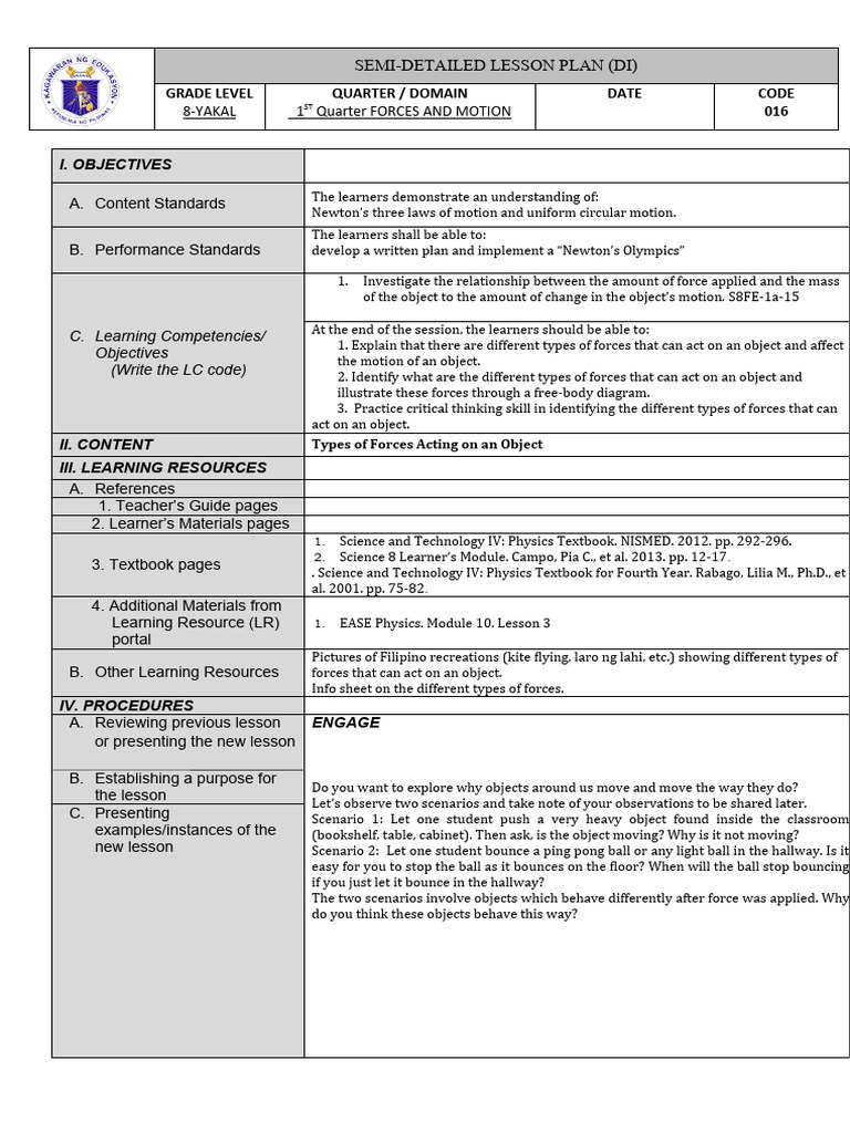 Grade 8 Forces & Motion Lesson Plan | PDF | Force | Learning