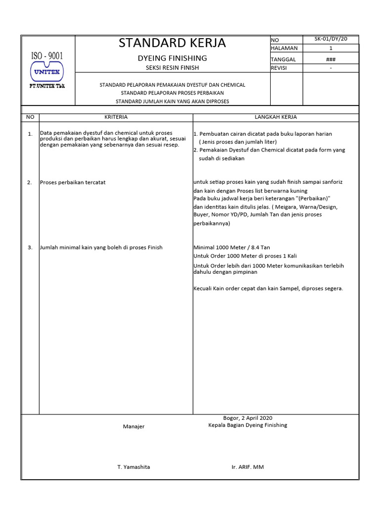 Standar Kerja Resin Finish | PDF