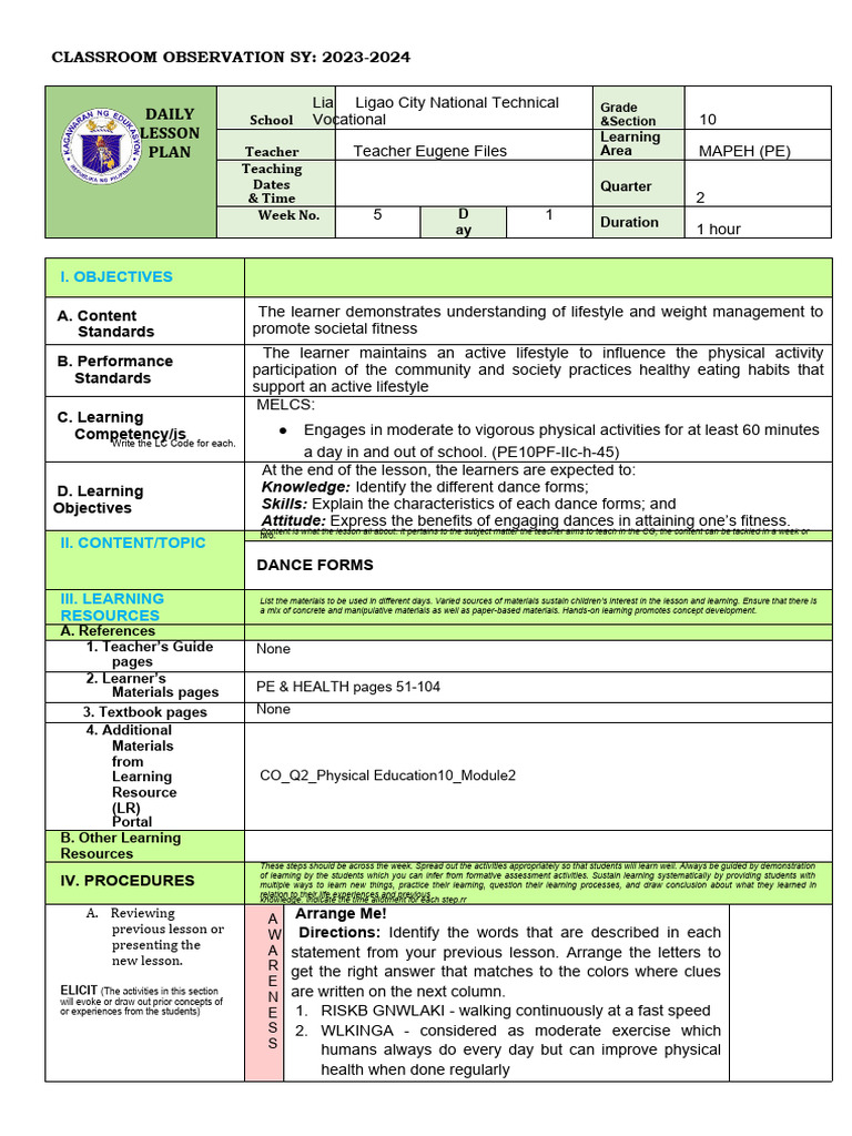 Q2-Cot-Lp - Pe10 (Dance Forms) | PDF | Learning | Physical Education