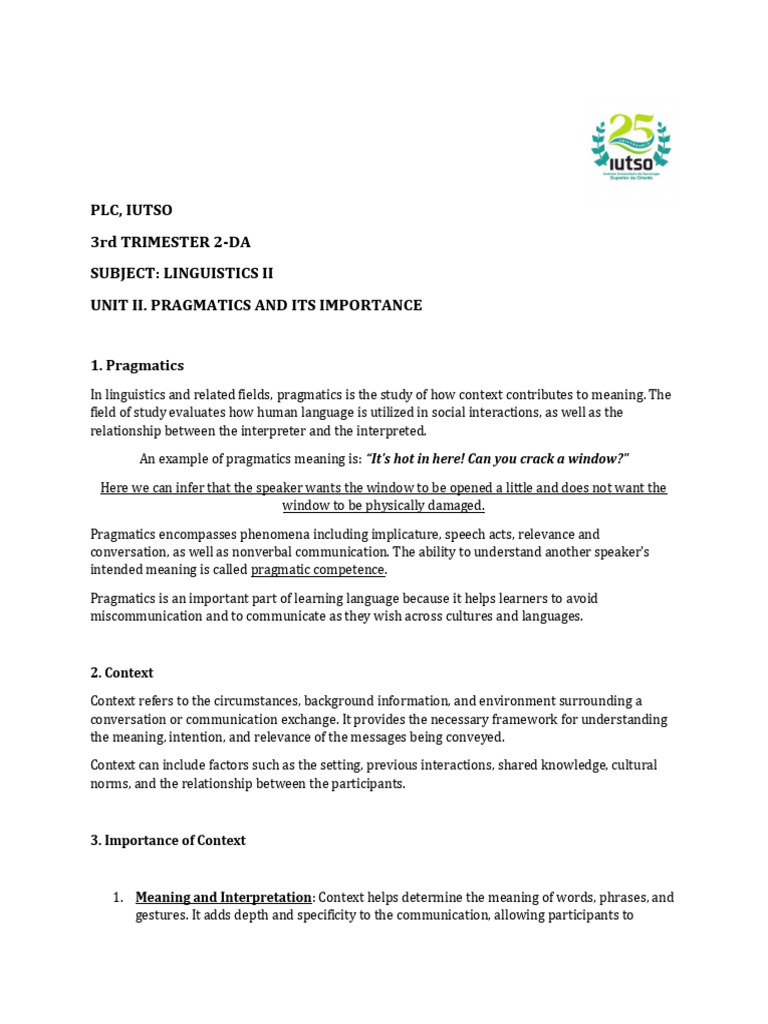 Unit II. Pragmatics and Its Importance | PDF | Communication ...