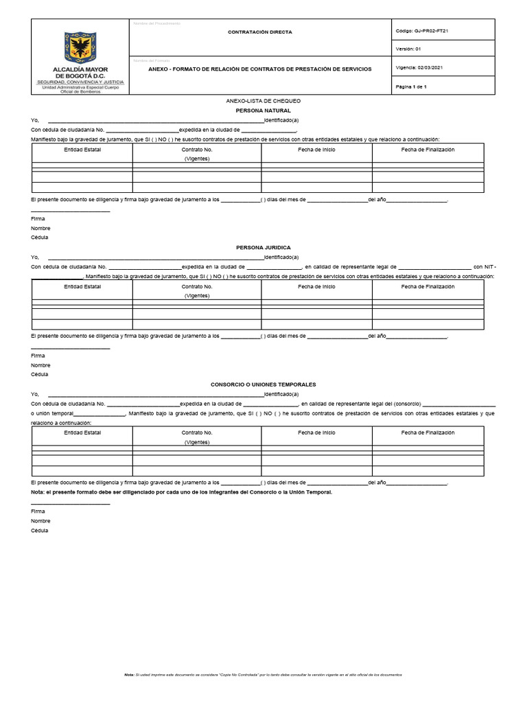 GJ-PR02-FT21 Anexo - Formato de Relación de Contratos de Prestación de Servicios | PDF ...