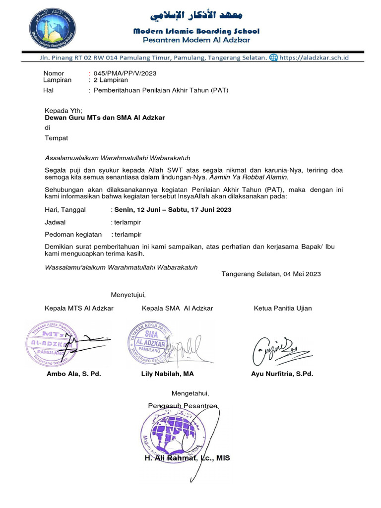 Pemberitahuan PAT MTs dan SMA Al Adzkar | PDF